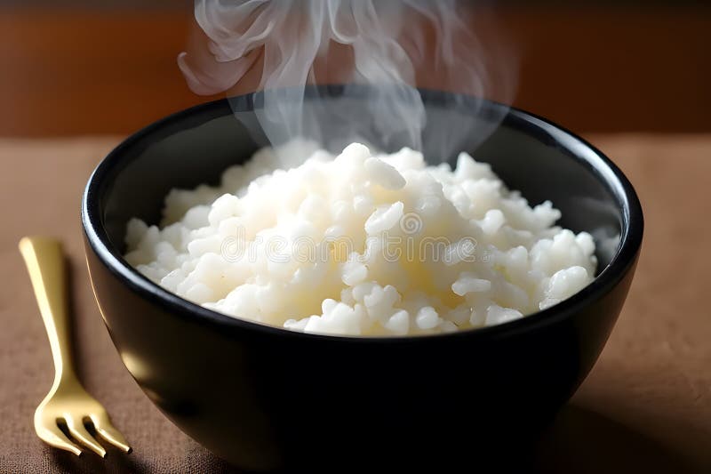 White Rice in a Bowl, Black Plate, with Smoke Coming Out of the Hot ...