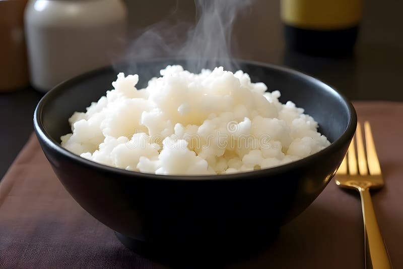 White Rice in a Bowl, Black Plate, with Smoke Coming Out of the Hot ...