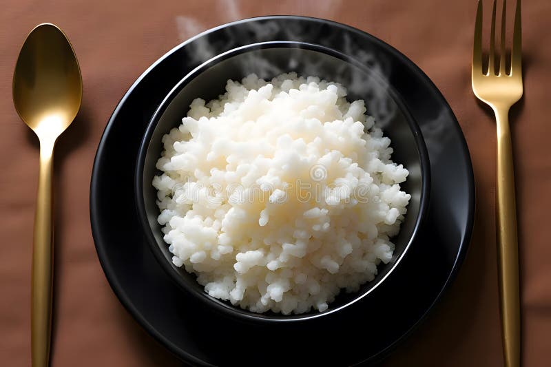 White Rice in a Bowl, Black Plate, with Smoke Coming Out of the Hot ...