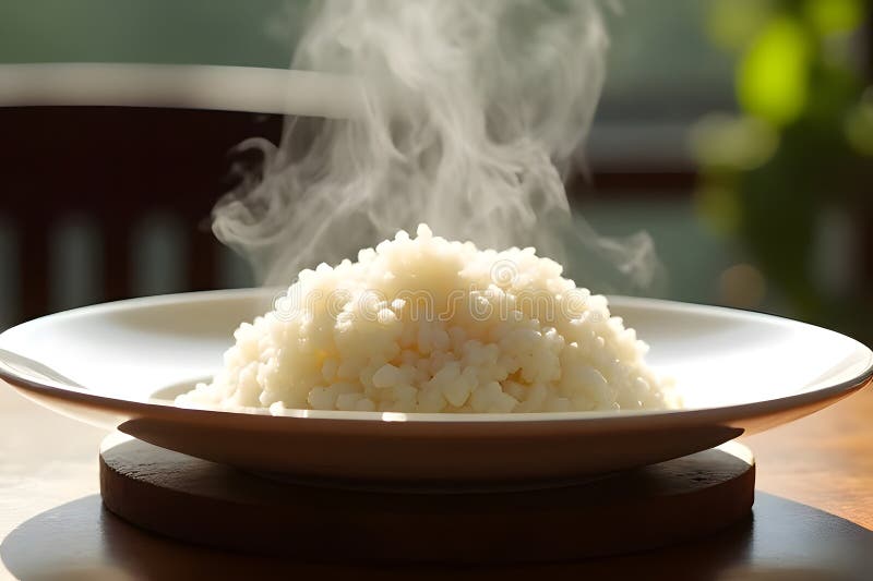 White Rice in a Bowl, Black Plate, with Smoke Coming Out of the Hot ...