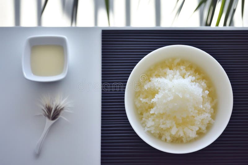 White Rice in Bowl with Milk and Feather on Modern Table Setting Stock ...