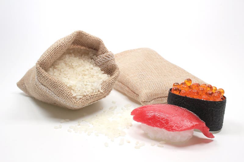 A White Rice in Burlap Sack Bag with the Sushi Stock Image - Image of ...