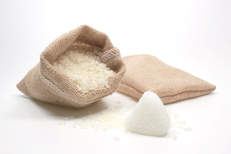 A White Rice in Burlap Sack Bag Withe the Sushi Rice Ball Stock Photo ...