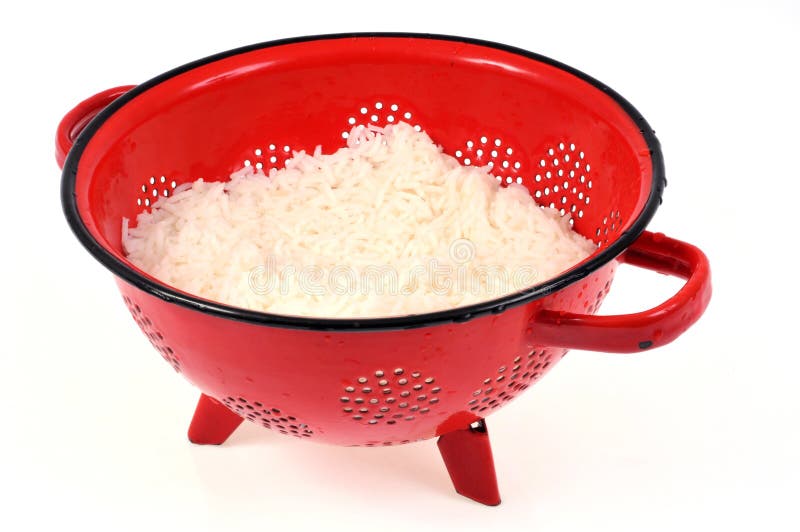 Rice in a Red Colander on a White Background Stock Image - Image of ...