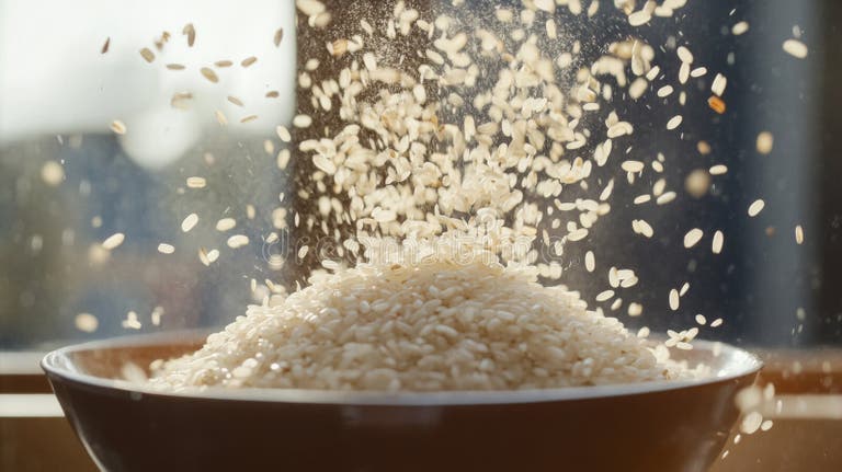 White Rice Falling into Bowl, Sunlit Kitchen Setting Stock Illustration ...