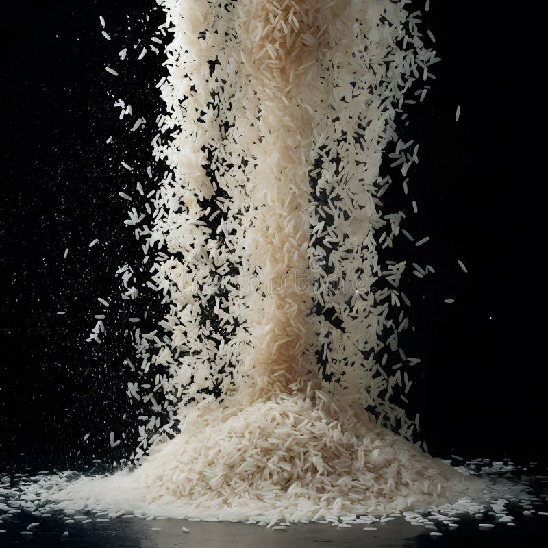 White Rice Falls Dramatically Against Dark Background, Scattering ...