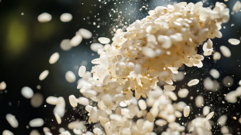 White Rice Grains Flying Against Dark Background Stock Illustration ...