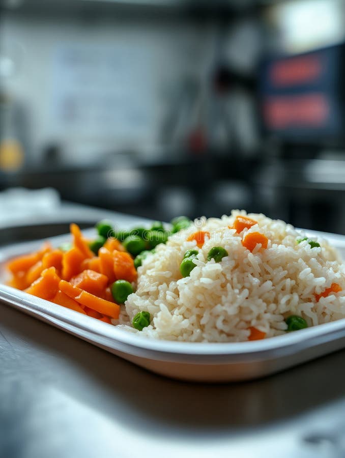 White Rice with Green Peas and Carrots on a White Plate. Stock Image ...
