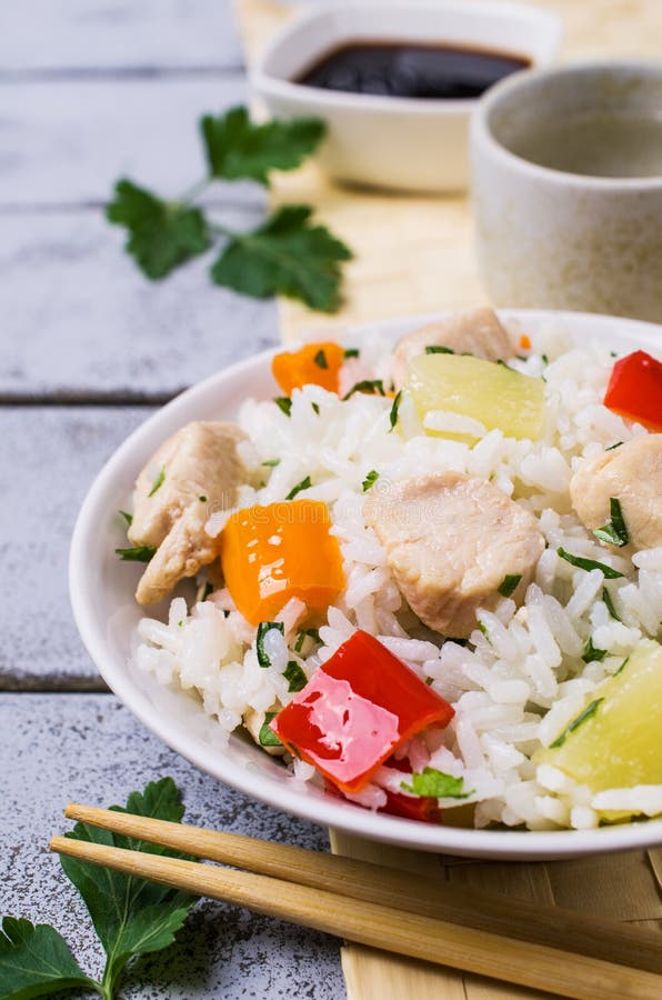 White rice with meat stock image. Image of dinner, fruit - 110282337