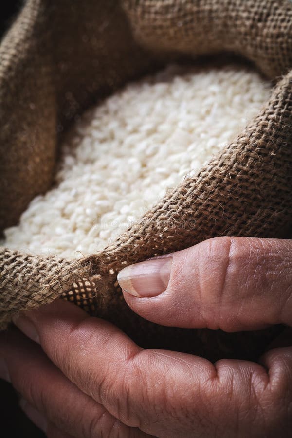 White rice in old hand stock photo. Image of millet, jute - 63560994