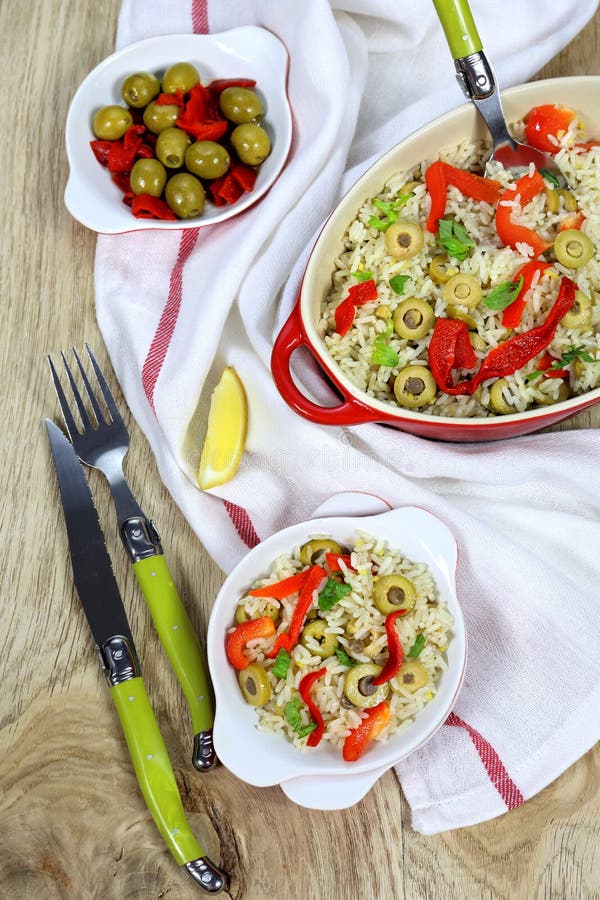 White Rice with Olives and Red Pepper Stock Photo - Image of dinner ...