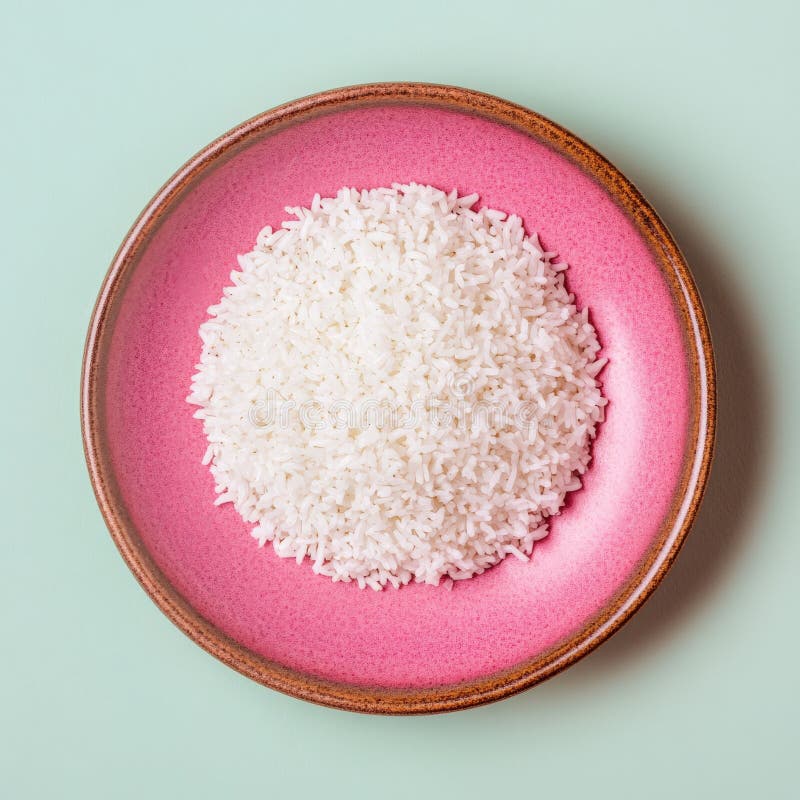 White Rice on a Pink Plate with a Soft Green Backdrop Stock ...