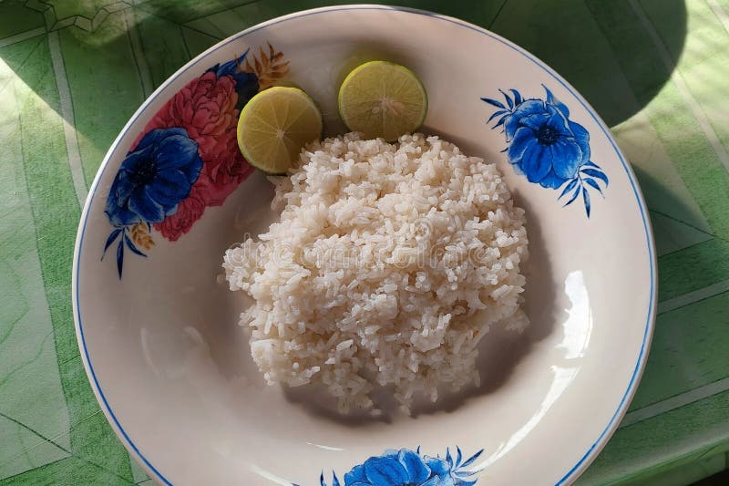 White Rice on a White Plate on the Dining Table Stock Image - Image of ...