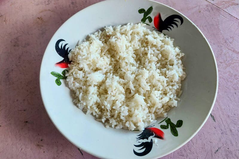 White Rice on a White Plate on the Dining Table Stock Photo - Image of ...