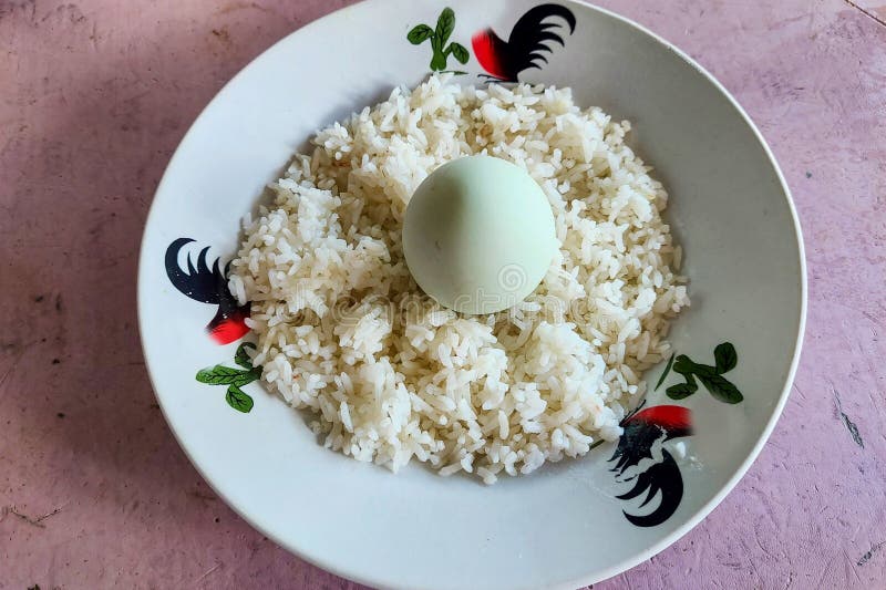 White Rice and a Round Duck Egg on a Plate Stock Photo - Image of ...
