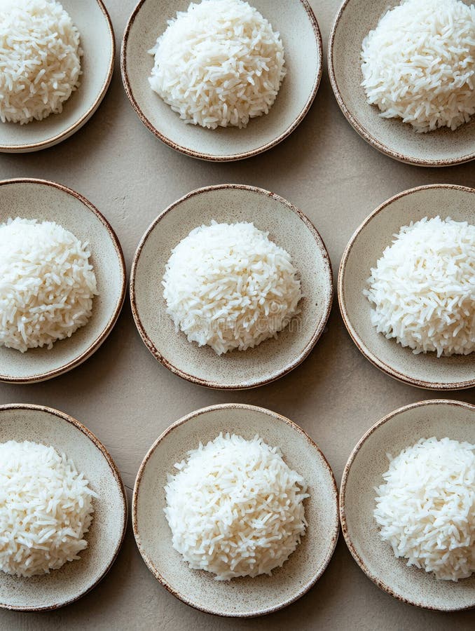 White Rice Servings on Multiple Plates. Stock Photo - Image of ...
