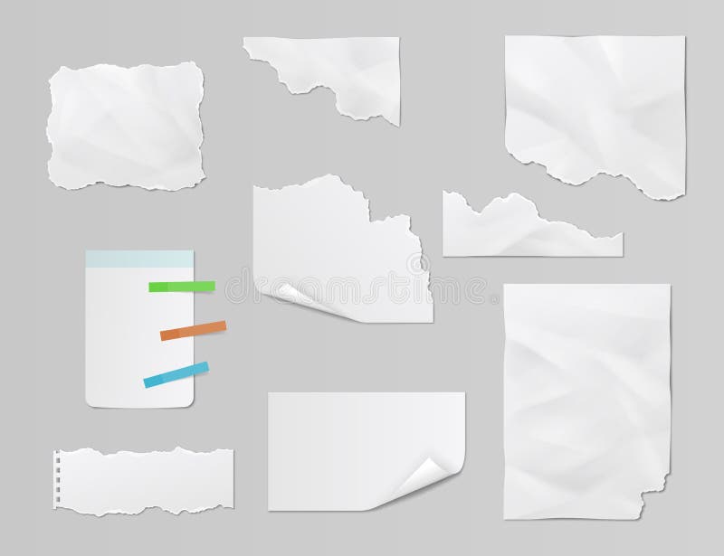 White Ripped Paper Notes, Sheets and Strips Collection. Realistic Paper ...