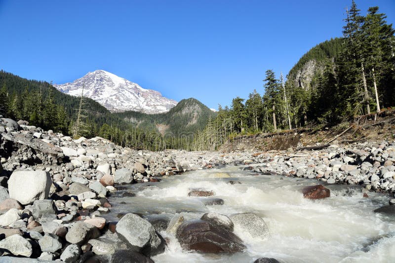 White River on the Way To Mt. Rainier in the Background Stock Photo ...