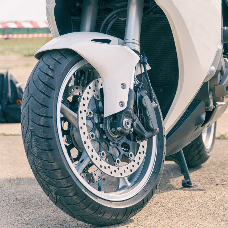 White Road Bike Front Wheel with Disc Brake Stock Image - Image of ...