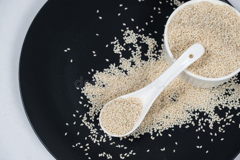 White Roasted Sesame Seeds in a Plate Stock Image - Image of nutrition ...