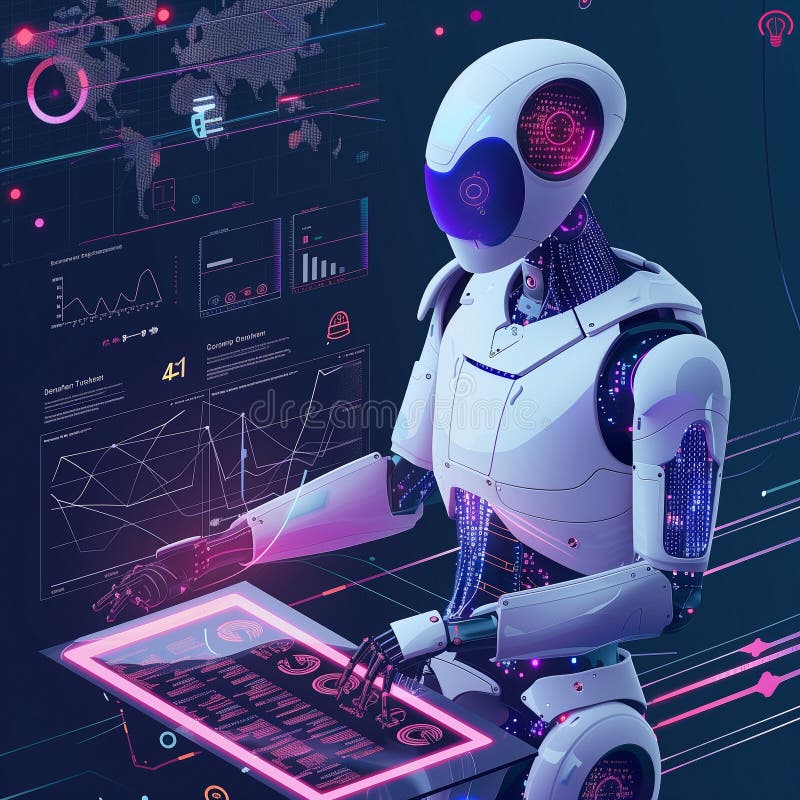 White Robot Analyzing Data on Digital Touchscreen Stock Image - Image ...