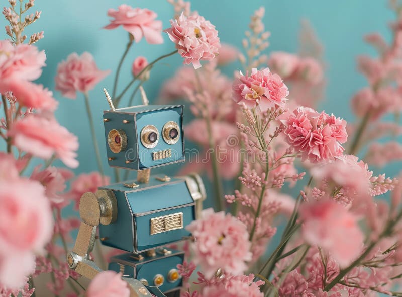 A White Robot among Blooming Pink Flowers on a Soft Blue Background ...