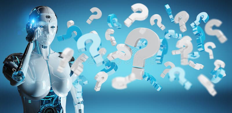 White Robot Using Digital Question Marks 3D Rendering Stock ...
