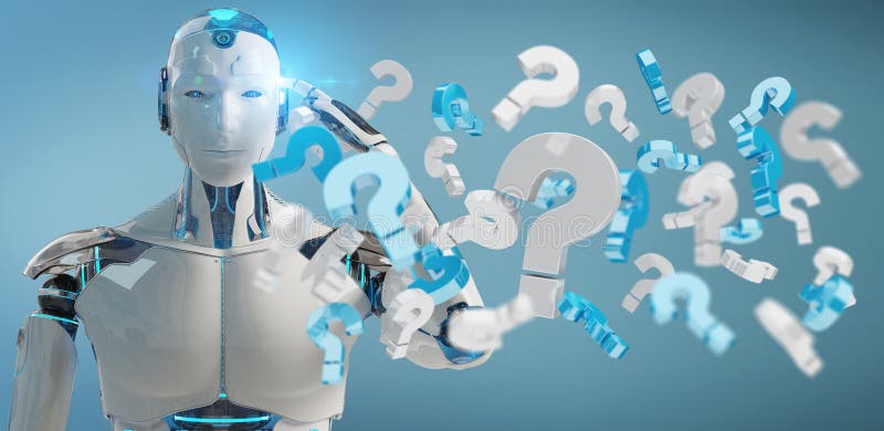 White Robot Using Digital Question Marks 3D Rendering Stock ...