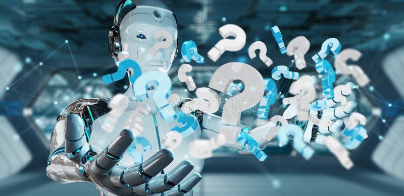 White Robot Using Digital Question Marks 3D Rendering Stock ...