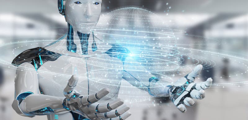 White Robot Using Digital Triangle Exploding Sphere Hologram 3D Stock Illustration ...