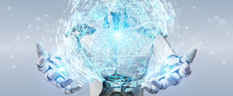 White Robot Using Digital Triangle Exploding Sphere Hologram 3D Stock Illustration ...