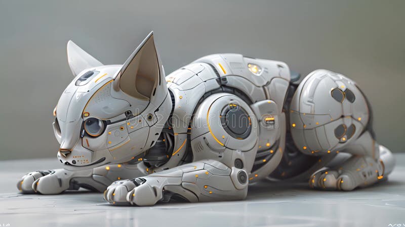 A White Robot Cat Laying Down on a Grey Surface. White Robot Cat ...