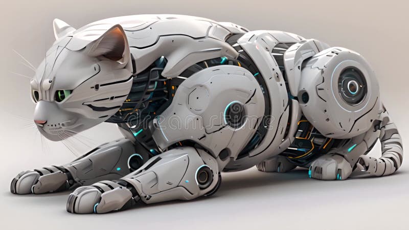 A White Robot Cat is Laying Down Peacefully on a White Surface. White ...