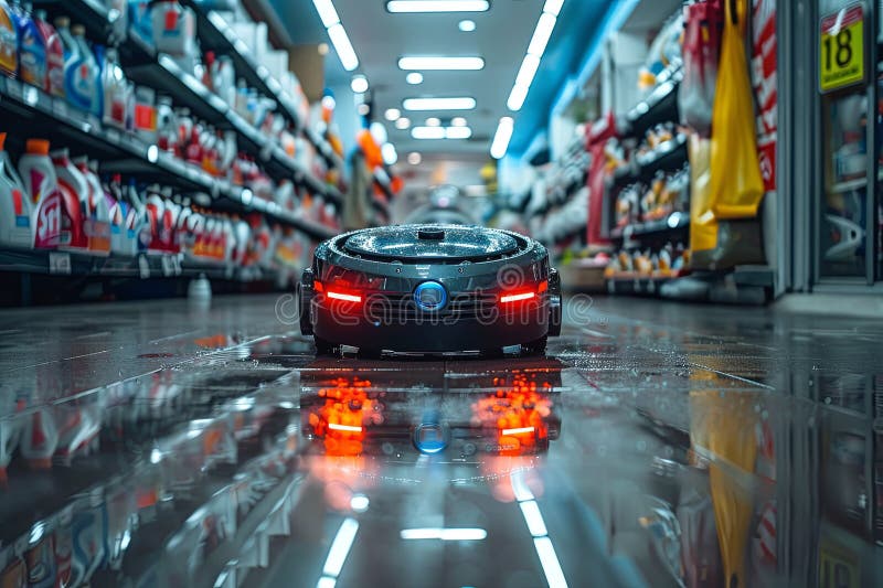 White Robot Cleaning in a Store Aisle Stock Illustration - Illustration ...