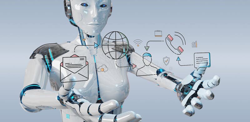 White Robot Controlling Social Network Icons Interface Stock ...