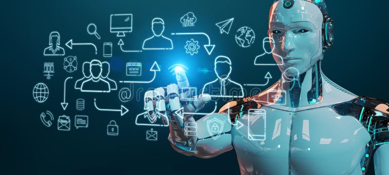 White Robot Controlling Social Network Icons Interface Stock ...