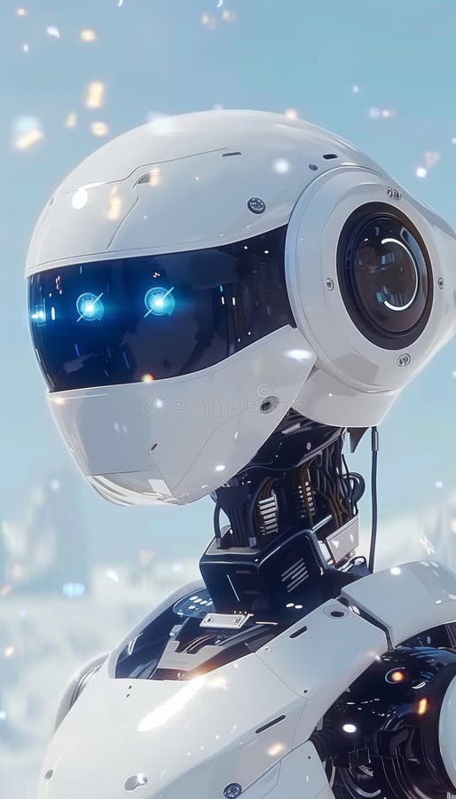 White Robot in Digital Network with Dots, Lines, 3d Rendering, Space for Text, Technology ...