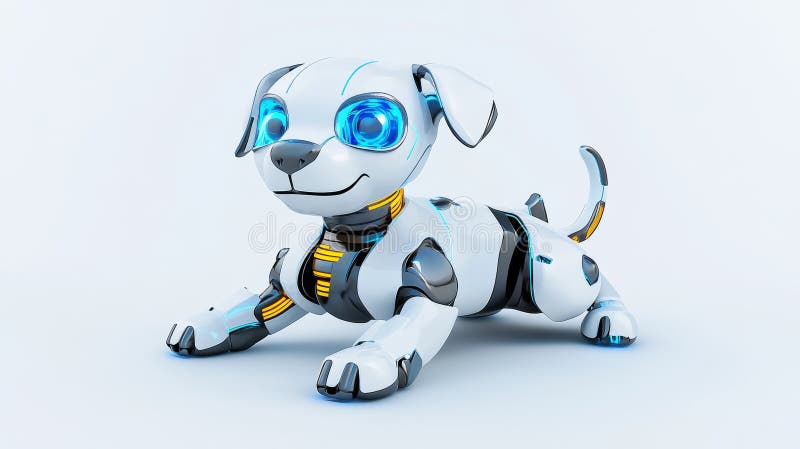 White Robot Dog with Blue Eyes and Yellow Stripes Stock Illustration ...