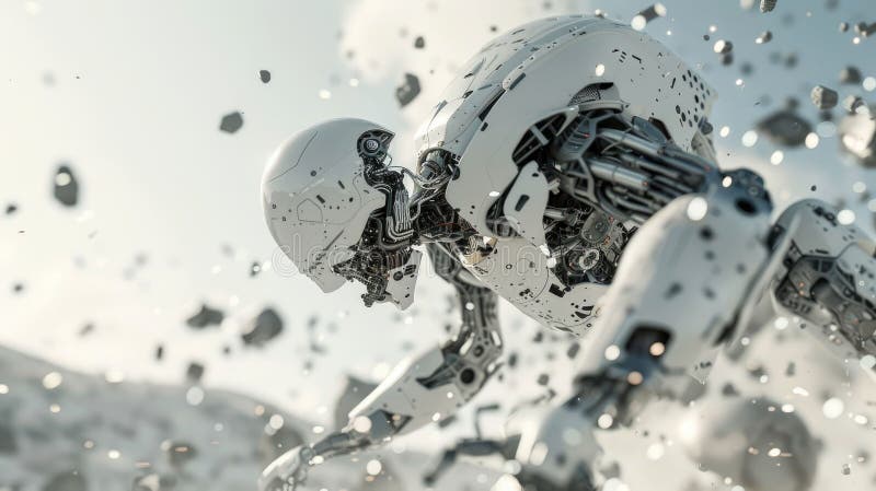 White Robot Falling through Debris in Space Stock Illustration ...