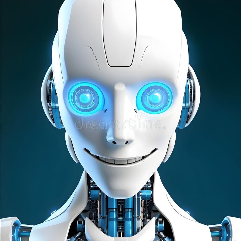 A White Robot with Glowing Blue Eyes and a Smile. Stock Image - Image ...