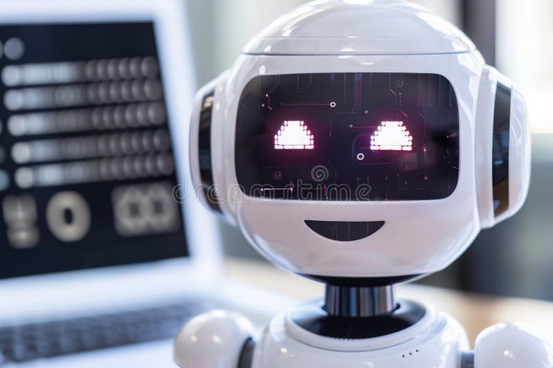 Friendly Robot Companion Smiles at a Laptop Stock Illustration ...