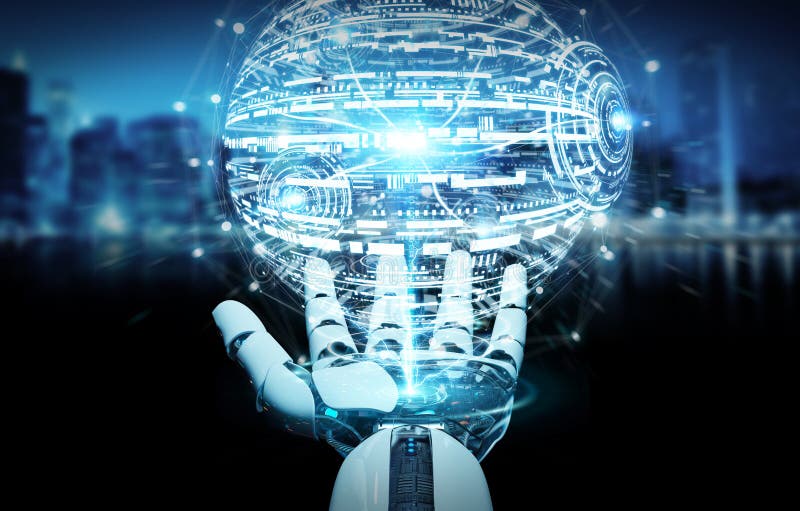 White Robot Hand Using Digital Globe Hud Interface 3D Rendering Stock ...