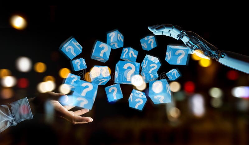 White Robot Hand Using Digital Question Marks 3D Rendering Stock ...