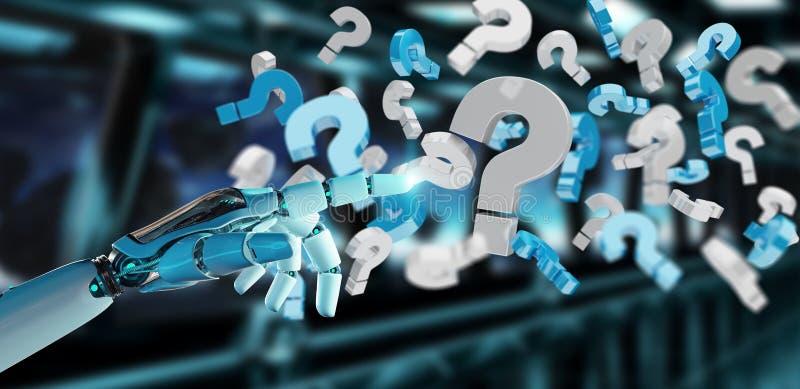 White Robot Hand Using Digital Question Marks 3D Rendering Stock ...