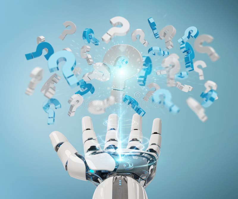 White Robot Hand Using Digital Question Marks 3D Rendering Stock ...
