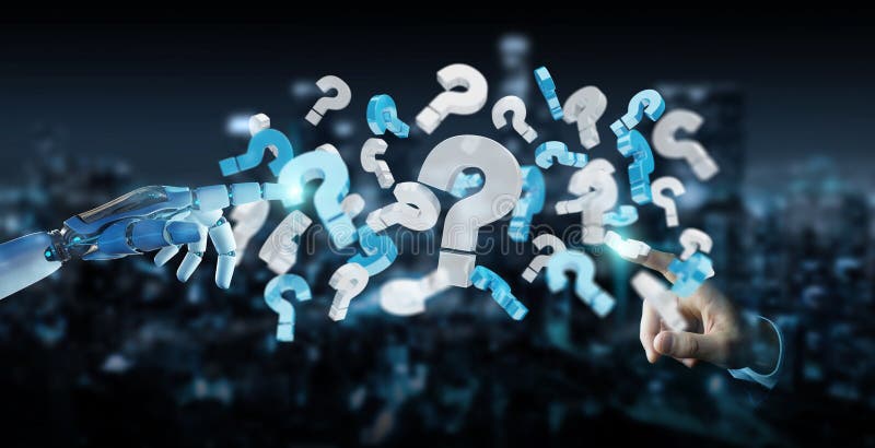 White Robot Hand Using Digital Question Marks 3D Rendering Stock Illustration - Illustration of ...