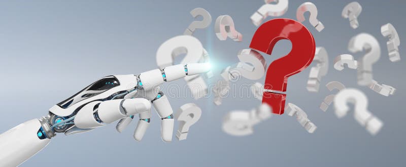 White Robot Hand Using Digital Question Marks 3D Rendering Stock ...