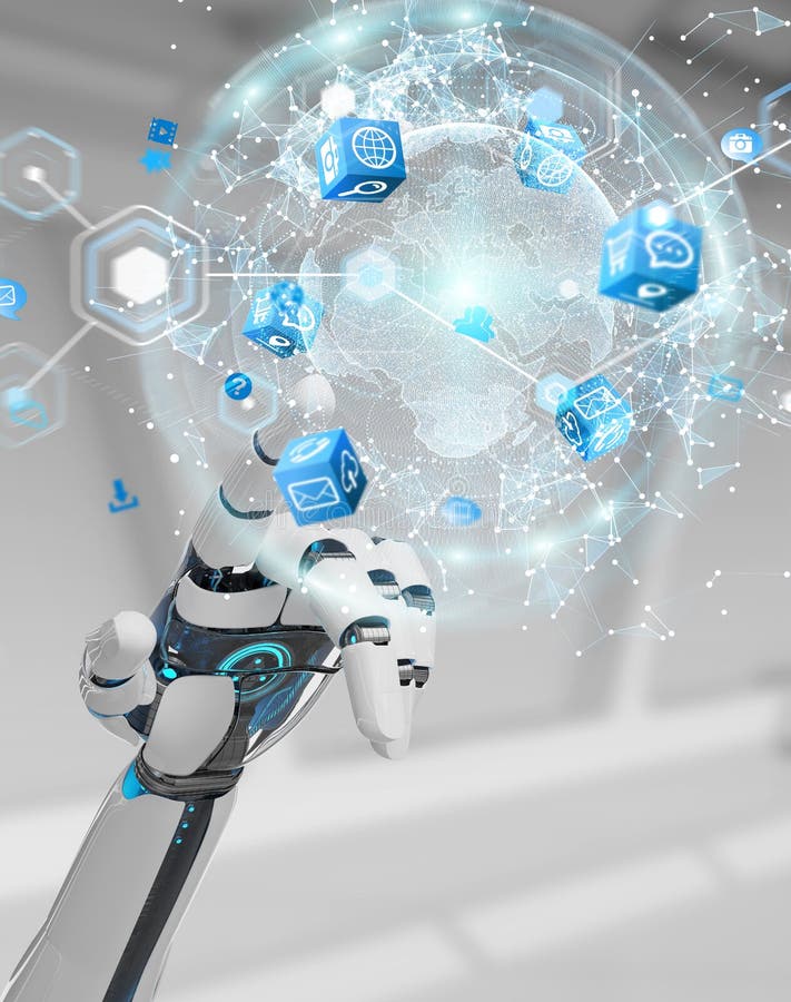 White Robot Hand Using Digital Screen Interface 3D Rendering Stock ...