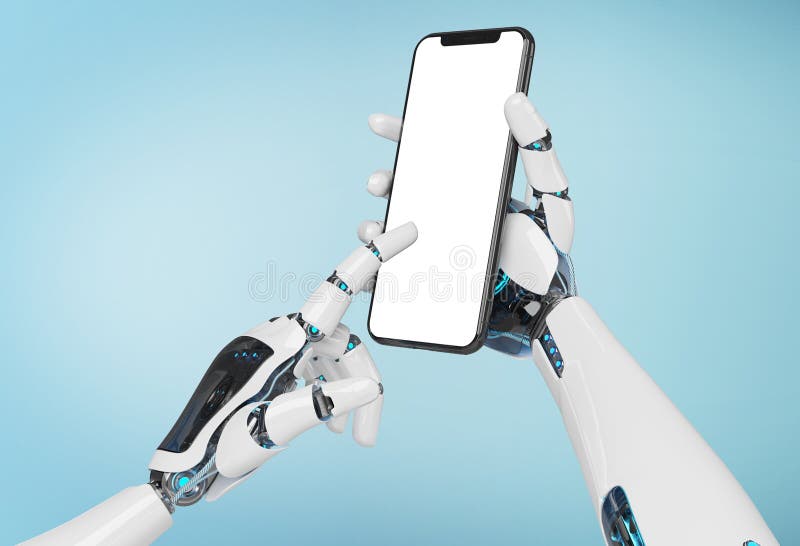 White Robot Hand Holding Smartphone Mockup 3d Rendering Stock ...