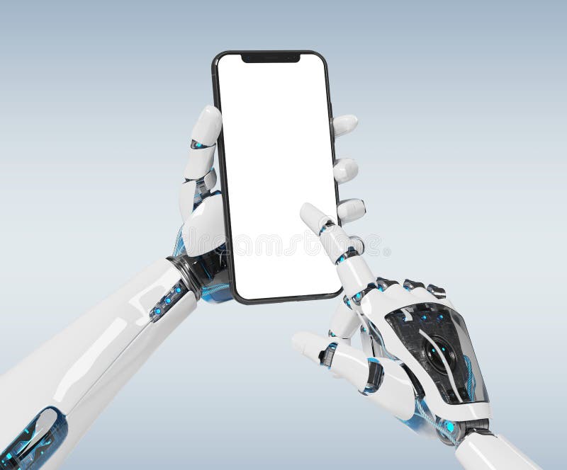 White Robot Hand Holding Smartphone Mockup 3d Rendering Stock ...